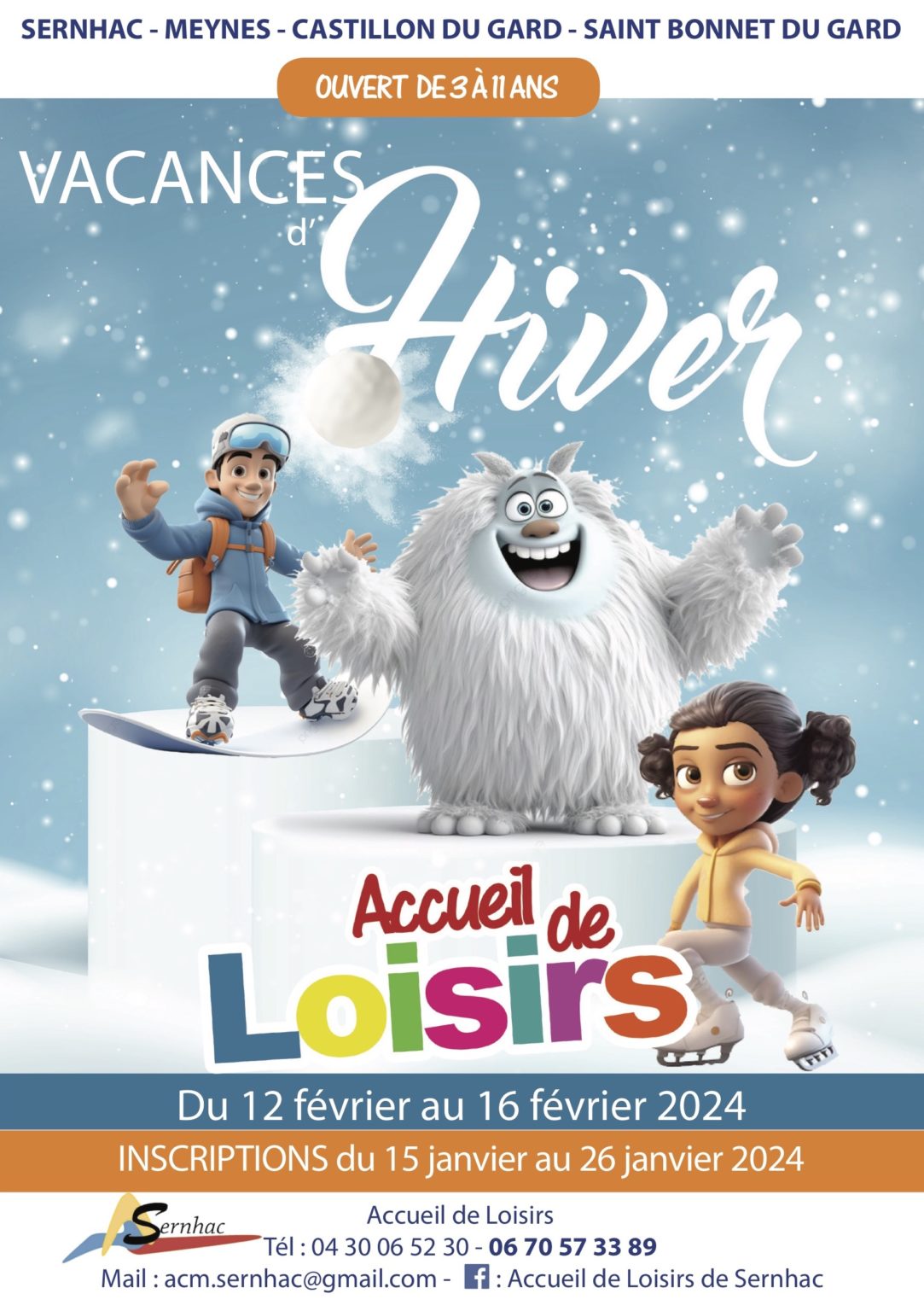 Ouverture des inscriptions pour le centre de Loisirs : vacances d'hiver 2024 - Mairie de Sernhac